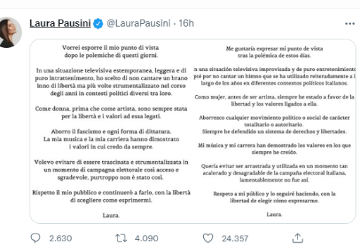 Laura Pausini, ecco perché non ha cantato “Bella ciao” - Radio Norba